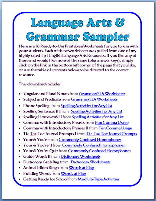 FREE Grammar & Language Arts Worksheets - 16 Printable Pages -
