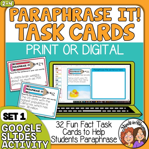 Paraphrasing Task Cards Beginner Set for Grades 2-4 with Google Slides ...