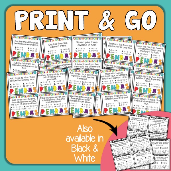 Order of Operations & Algebraic Expressions Task Cards (Multiple Choice ...