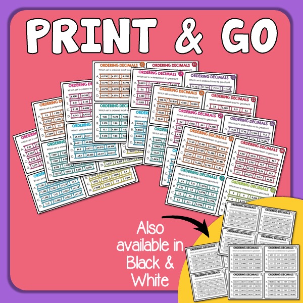 Comparing & Ordering Decimals (to the Thousandths Place) Task Cards ...