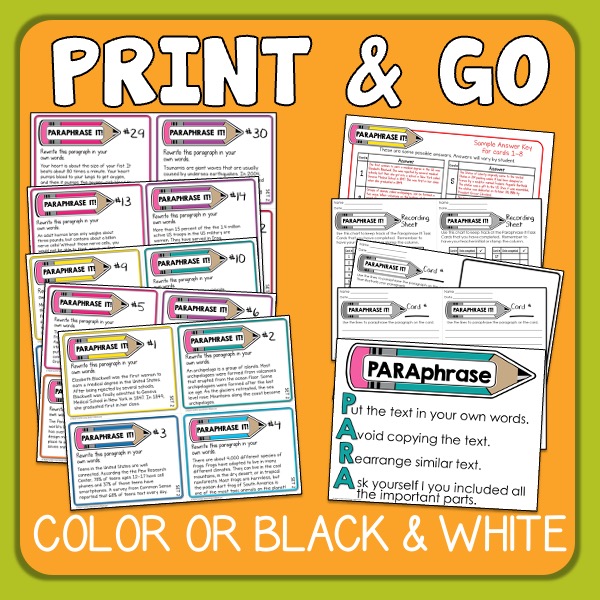 Paraphrasing Task Cards Advanced Set for Grades 4-8 with Google Slides ...