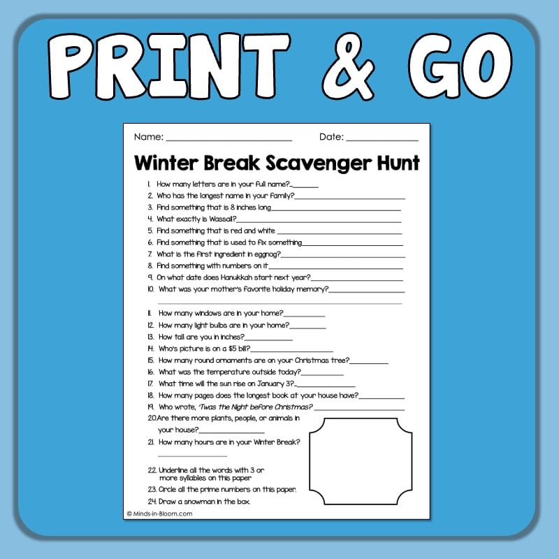 Winter Break Scavenger Hunt FREEBIE - No-Prep Fun Take Home Activity ...