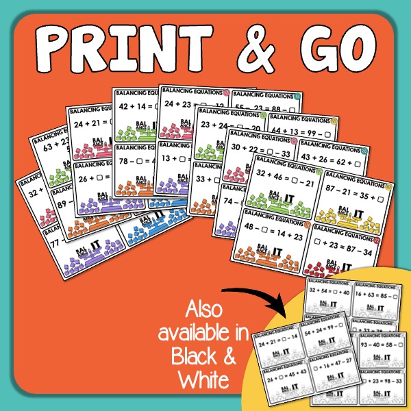 Balancing Equations Task Cards - Addition & Subtraction within 100 (NO ...