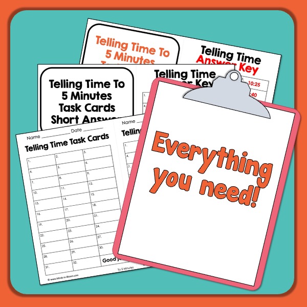 Telling Time Task Cards - Clock Fluency (To 5 Minutes - Short Answer ...