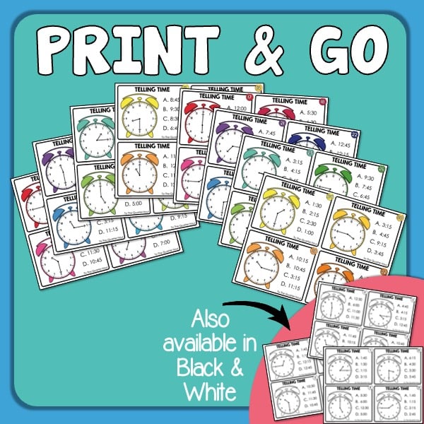 Telling Time to the Quarter Hour (Multiple Choice Task Cards) - Clock ...