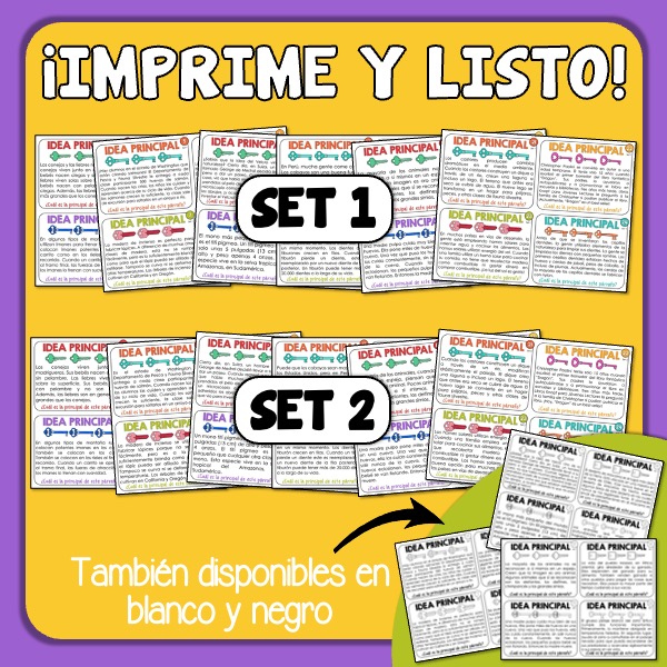 Tarjetas de trabajo: Idea principal (Main Idea Task Cards in Spanish ...