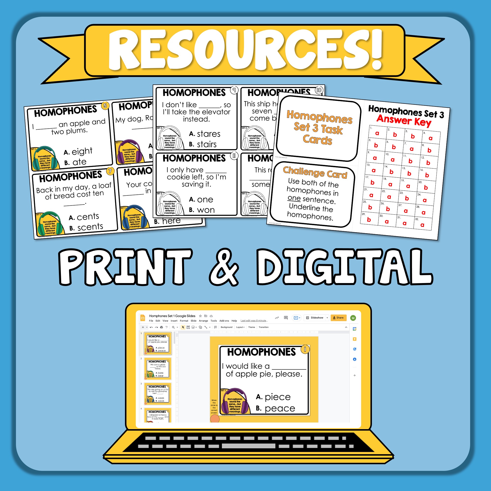 Homophones Task Cards - 3 Set BUNDLE (96 Cards Total) | Print & Digital ...