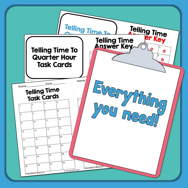 Telling Time to the Quarter Hour (Multiple Choice Task Cards) - Clock ...