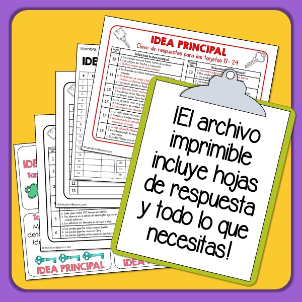 Tarjetas de trabajo: Idea principal (Main Idea Task Cards in Spanish ...