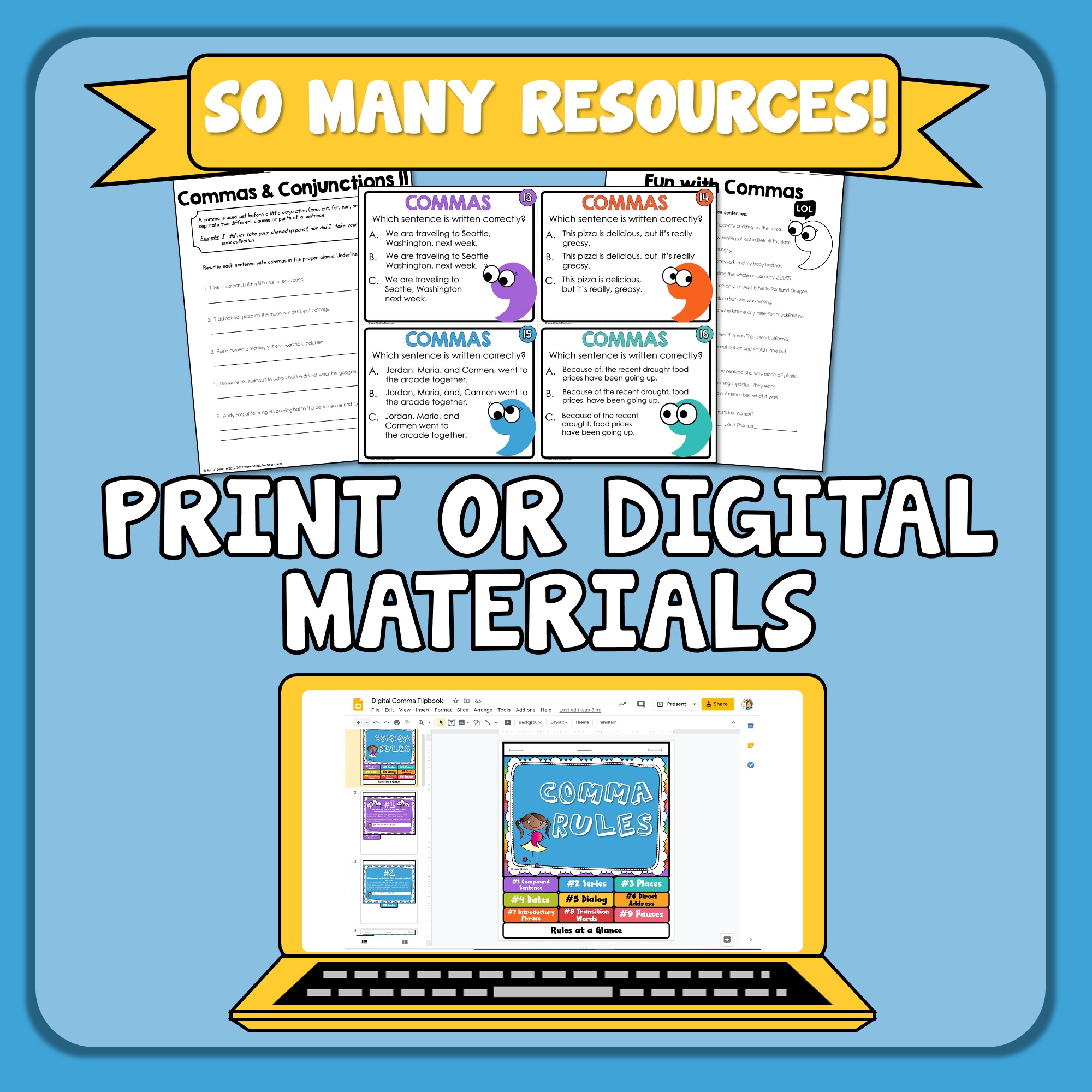 Commas - BUNDLE (Task Cards, Worksheets, & Flipbook!) | Print & Digital ...