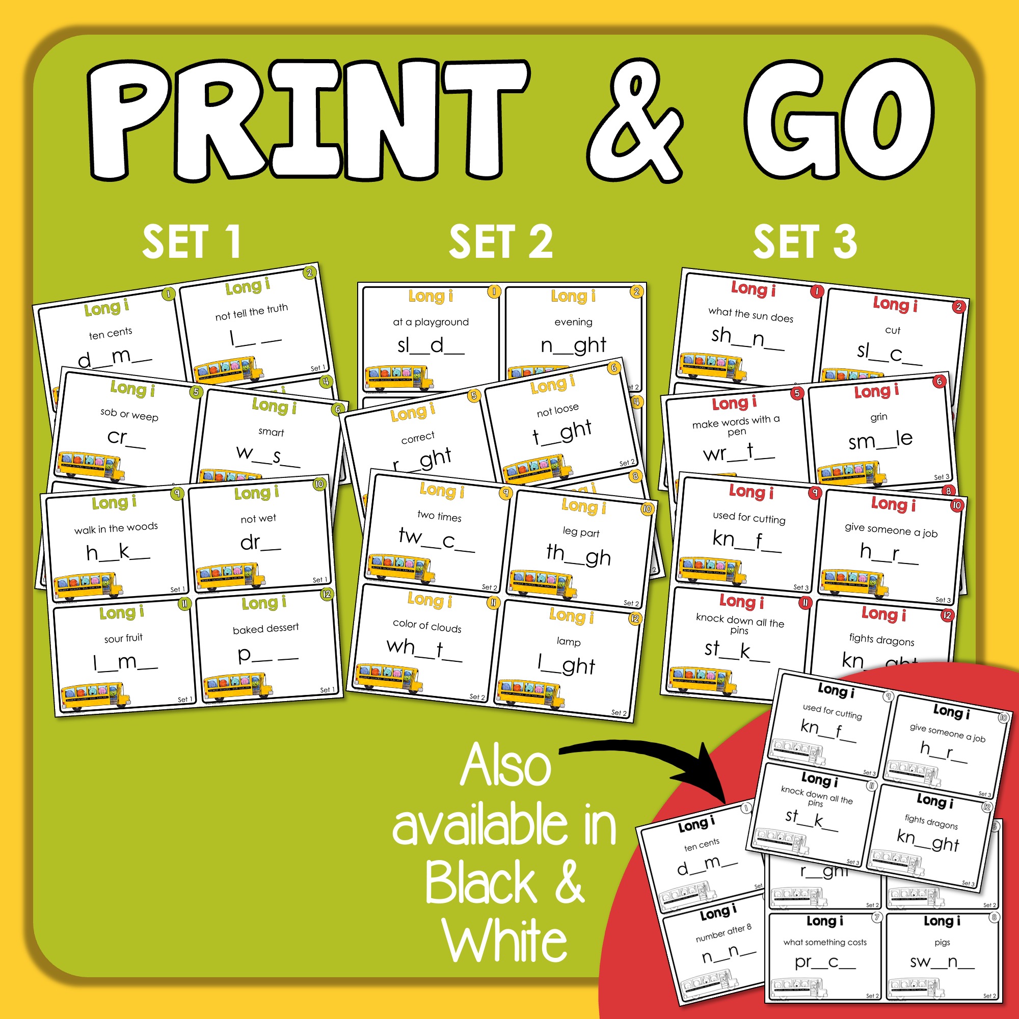 Long I Task Cards - 36 Cards to Practice 'i_e', '_ie',' _y', & 'igh ...