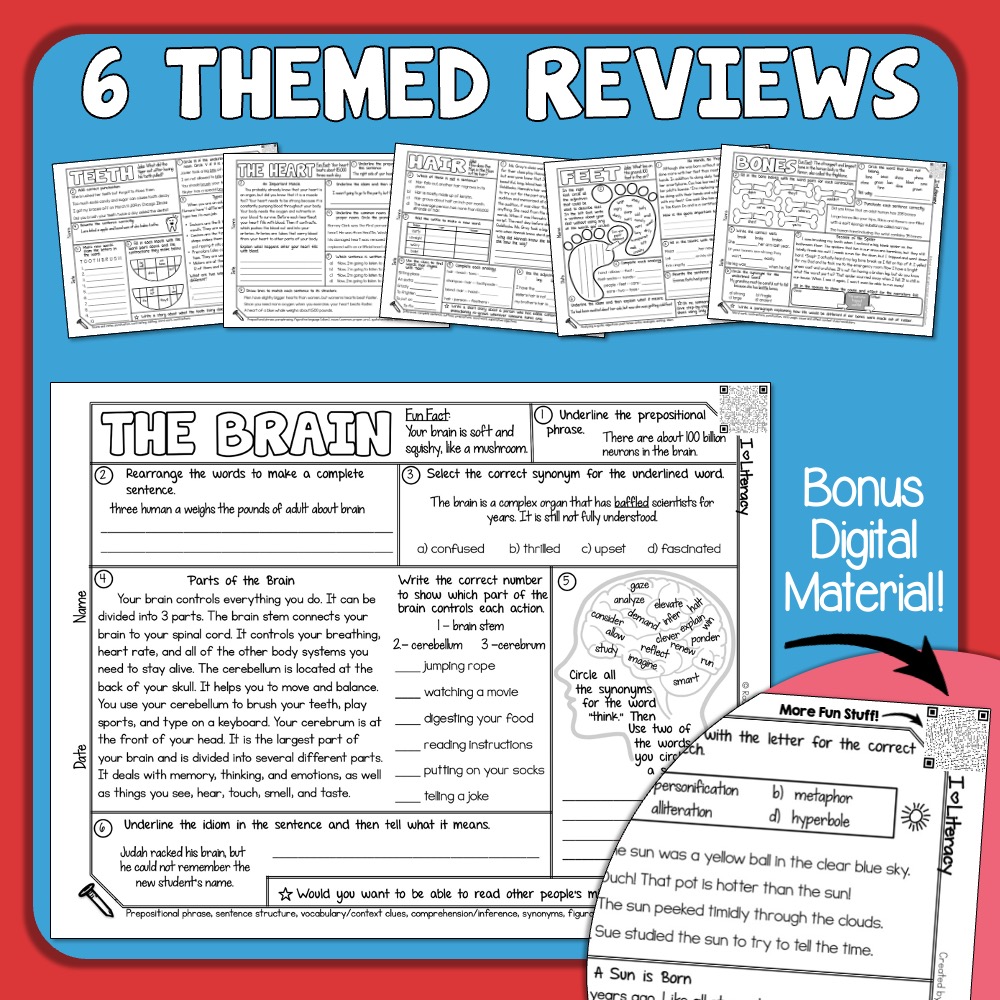 Parts of the Body Themed ELA and Reading Skills Review Mini-Pack ...