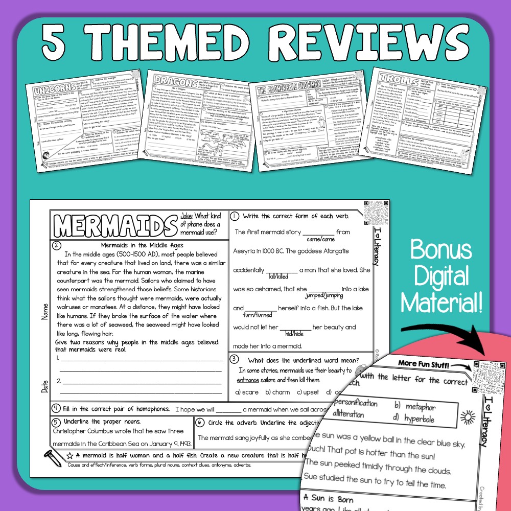 Mythical Creatures Themed ELA and Reading Skills Review Mini-Pack ...