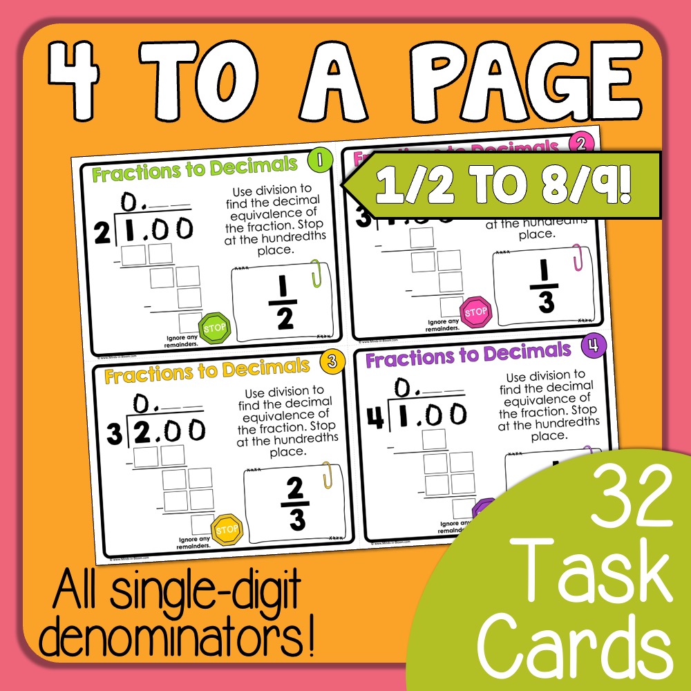 Converting Fractions to Decimals with Long Division Task Cards - Print ...