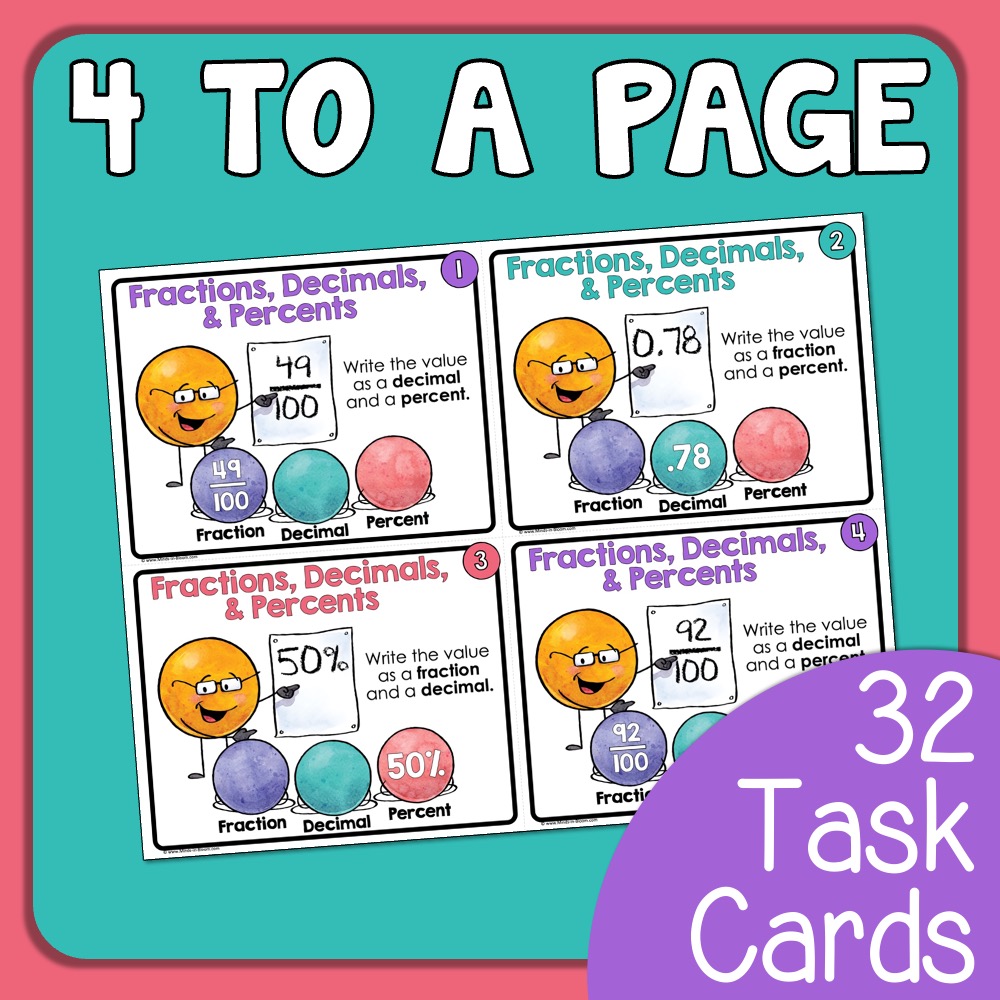 Fractions, Decimals, & Percentages Equivalence Task Cards - Engaging ...