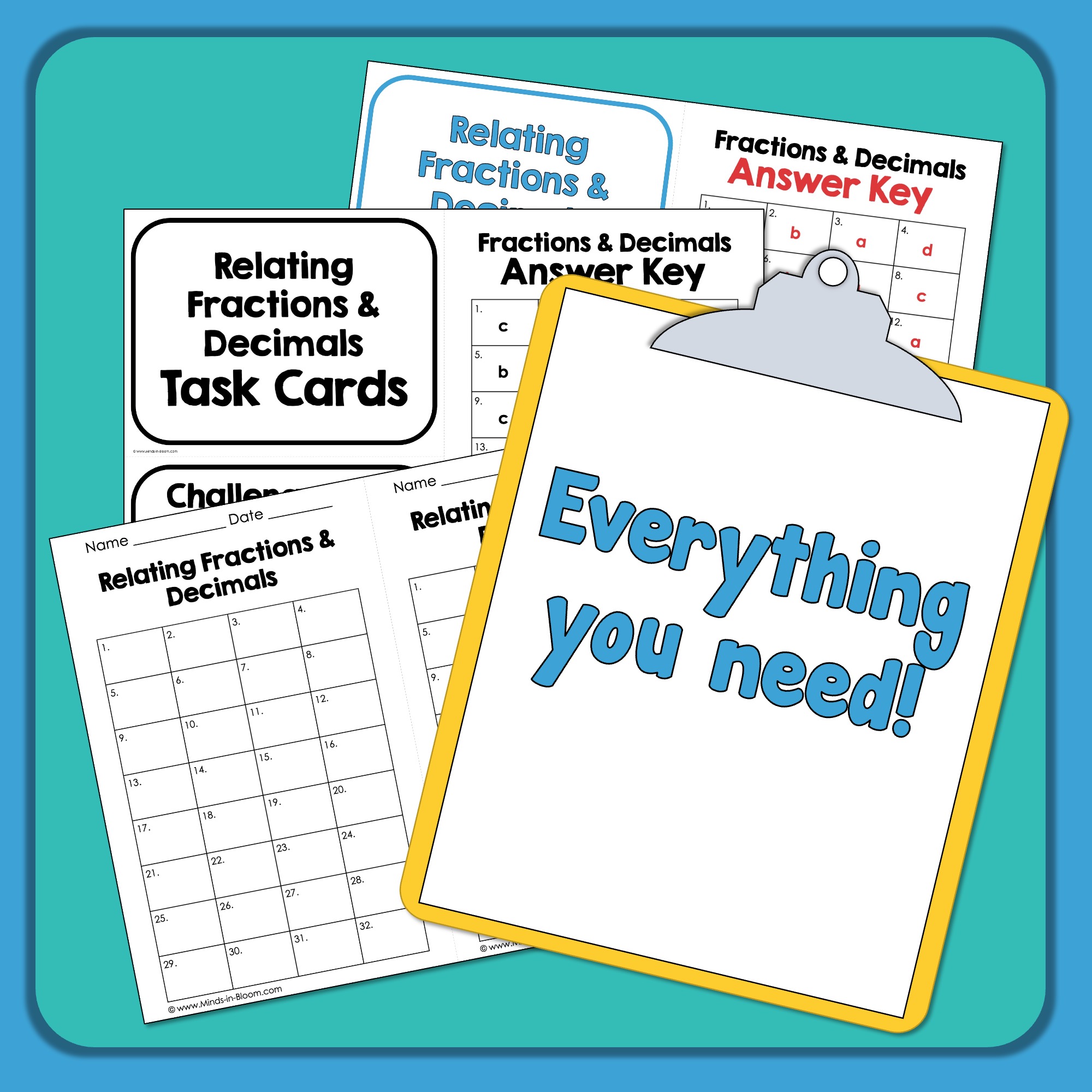 Relating Fractions and Decimals Math Skills Task Cards - Print ...